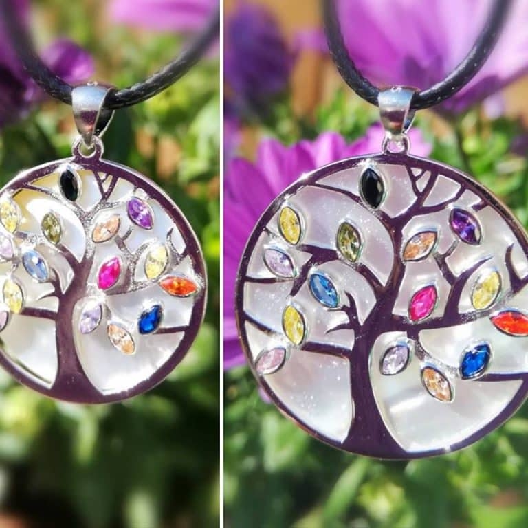 Colgante árbol de la vida, nácar y minerales, plata 925g - Azabache minerales