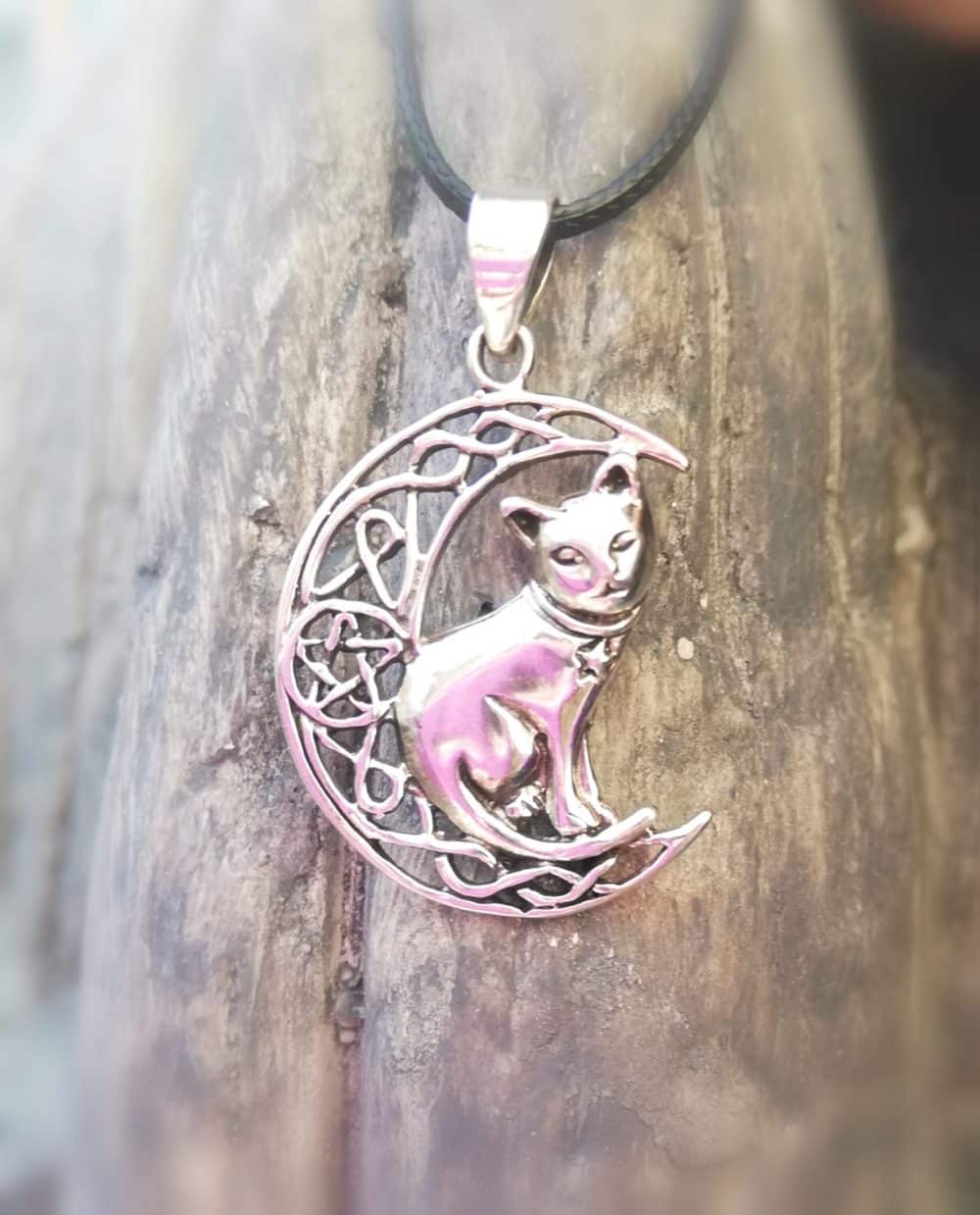 Colgante de plata con luna, gato y pentagrama - Azabache minerales