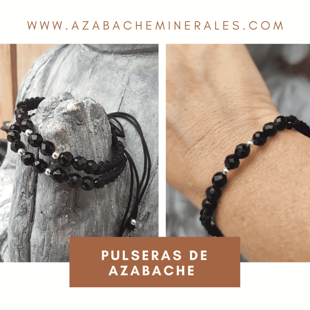 Pulsera de azabache tallado,macramé y plata 925g - Azabache minerales